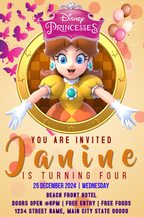 Copy of Orange Maximalist Disney Princess Birthday Poster | PosterMyWall