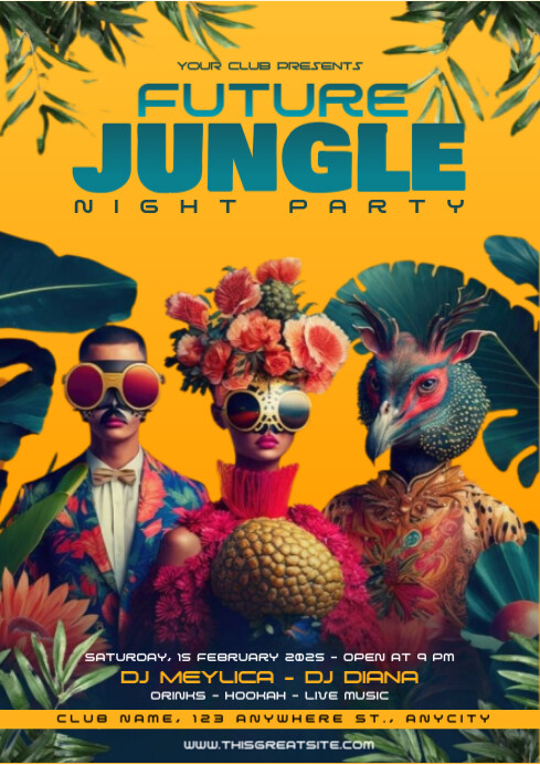 Orange Maximalist Future Jungle Night Party A4 Template | PosterMyWall