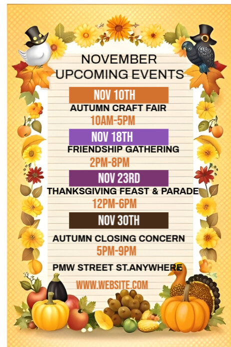 Orange Maximalist November Upcoming Events Flyer Poster Template ...
