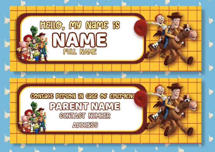 Orange Modern & Minimal Toy Story Nametags A4 Template | PosterMyWall