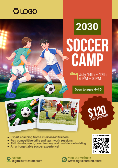Orange Mustard Maximalist Soccer Camp Flyer Poster Ad A4 Template | PosterMyWall
