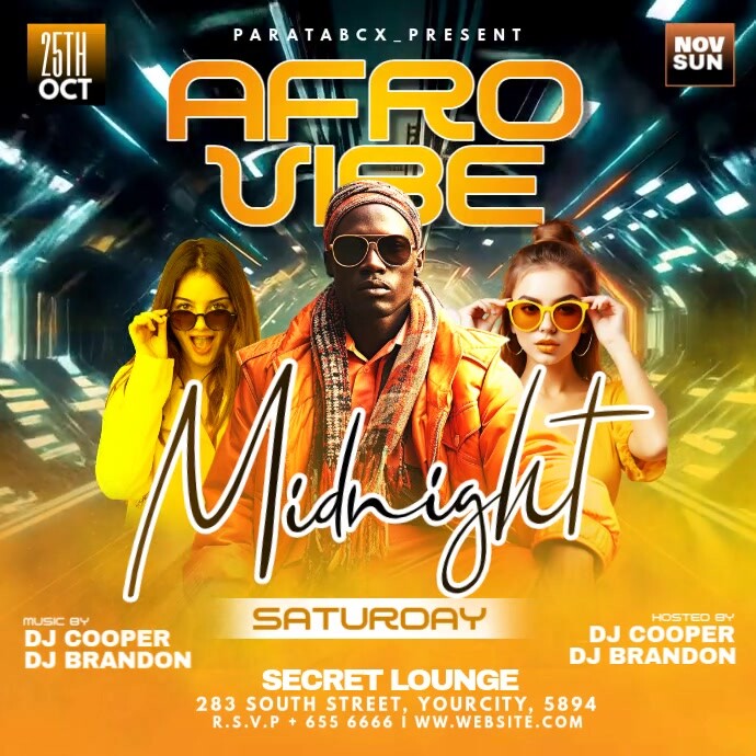 Orange Neon Afto Vibe Midnight Party Square (1:1) Template | PosterMyWall