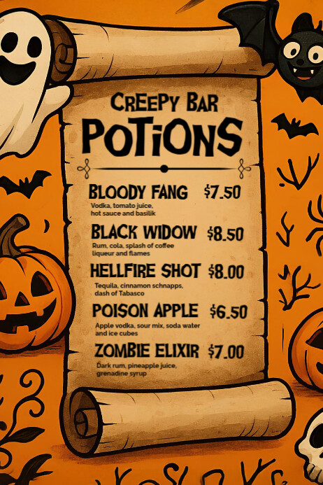 Copy of Orange Old Scroll Creepy Bar Potions Halloween Cocktail Menu ...