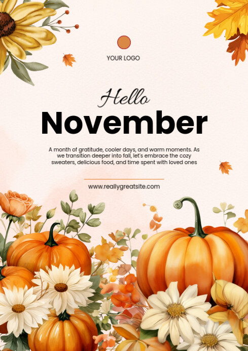 Plantilla de Orange Pastel Floral Hello November Poster | PosterMyWall