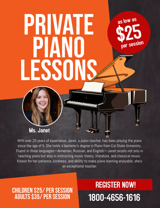 Orange Private Piano Lessons Flyer (Us Letter Template | PosterMyWall