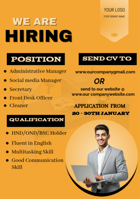 Orange Professional Hiring Flyer A4 Template | PosterMyWall
