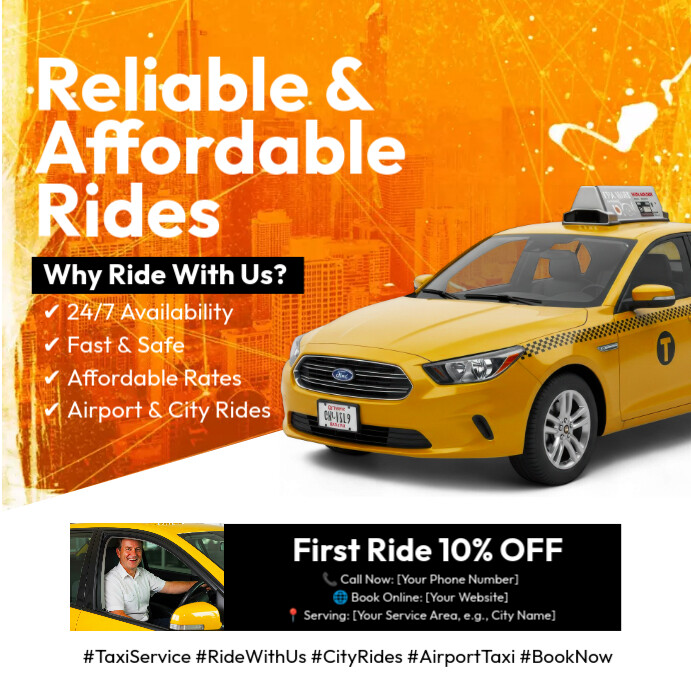 Orange Professional Taxi Services Instagram Post Template | PosterMyWall