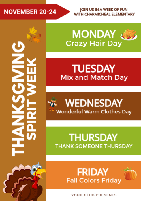 Orange Thanksgiving Spirit Week Flyer A4 Template | PosterMyWall