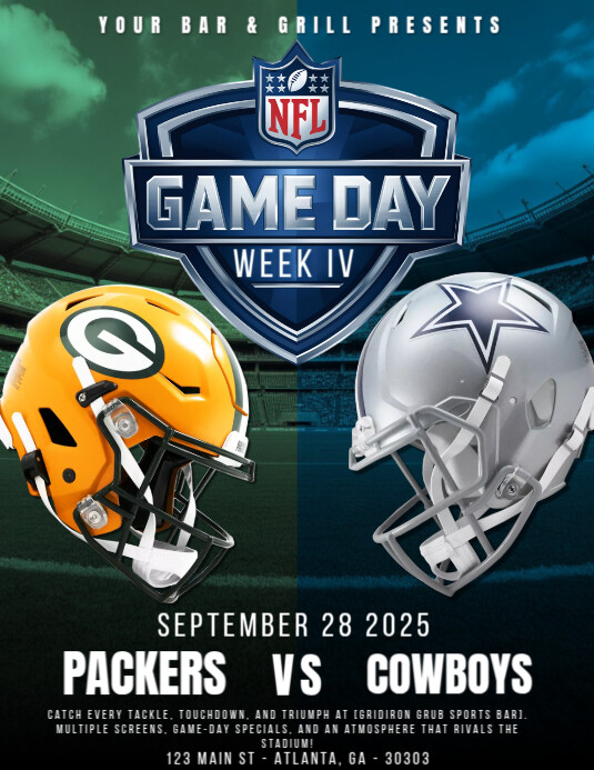 packers vs cowboys. nfl game day flyer. american football. Template ...
