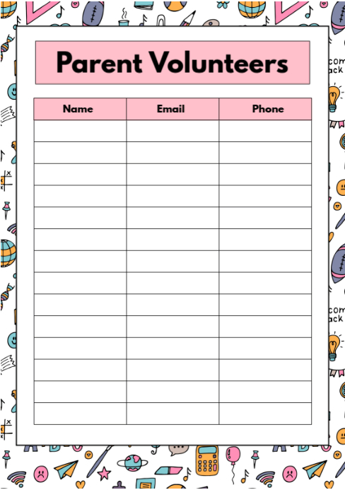 Parent Volunteer Sign Up Worksheet in Pink and White Illustrative Style ...