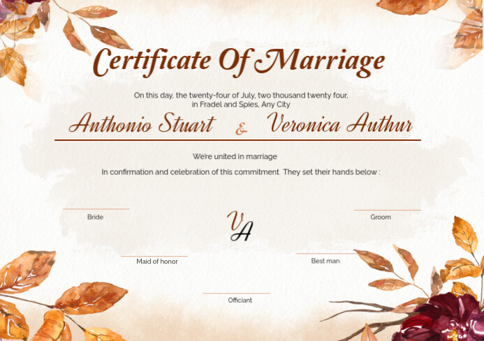 Pastel Certificate of marriage peace love harmony Leaves A4 Templat ...