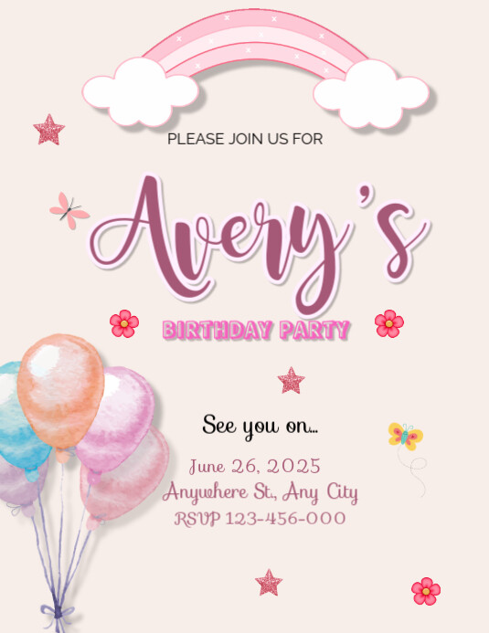 pastel pink theme birthday invitation card Template | PosterMyWall