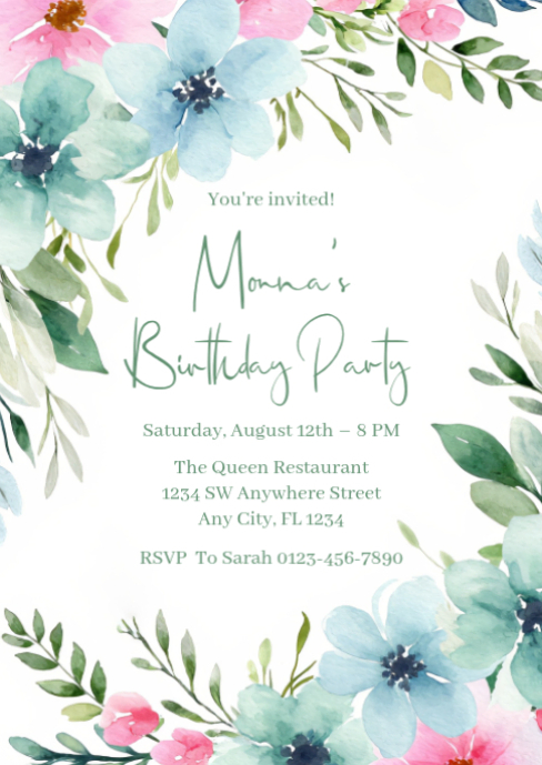 Pastel Watercolor Floral Birthday Invitation A A6 Template | PosterMyWall