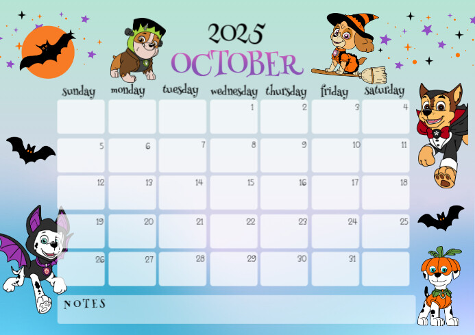 Plantilla de Paw Patrol October 2025 Calendar Halloween | PosterMyWall