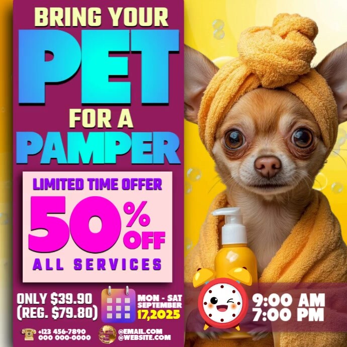 Pet Pamper Grooming Discount Flyer Template | PosterMyWall