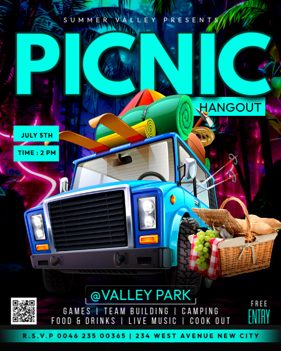 Picnic night hangout nighttime birthday party invitation flyer template ...
