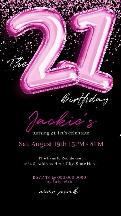 Pink And Black Digital 21 Birthday Invitation Template | PosterMyWall
