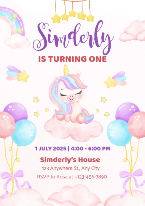 Pink and Purple Illustration Unicorn 1st Birthday Invitation Template ...