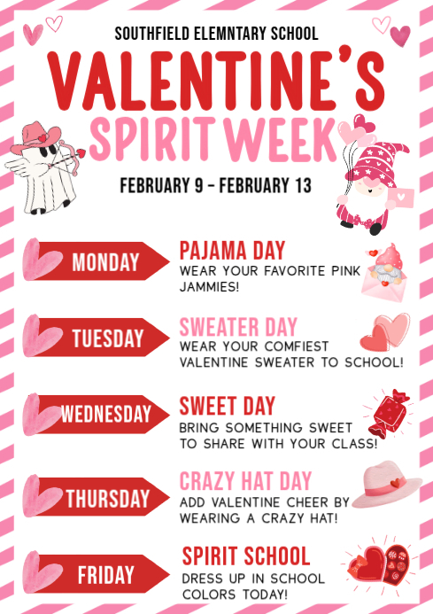 Pink And Red Illustrative Valentine's Spirit Week A4 Template ...