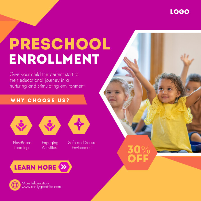 Pink And Yellow Modern Preschool Enrollment I Template | PosterMyWall