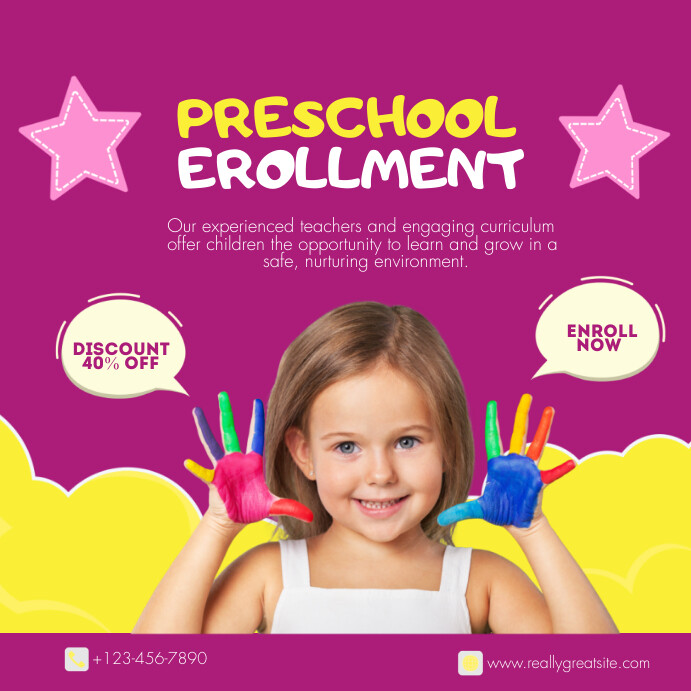 Pink and Yellow Playful Preschool Enrollment Template | PosterMyWall