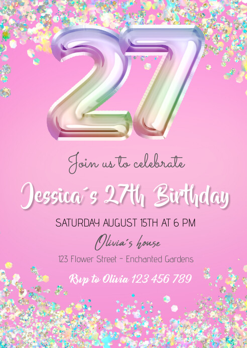 Plantilla de pink balloon 27th Birthday invitation | PosterMyWall