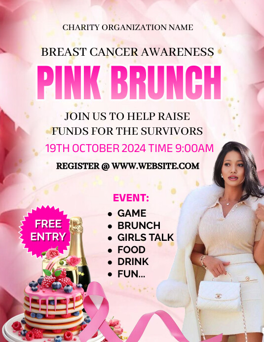 Pink brunch breast cancer awareness month design template flyer ...