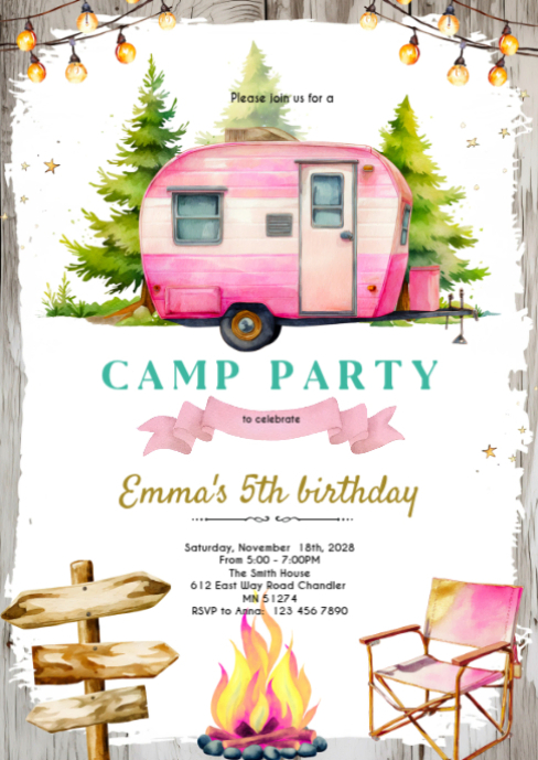 Pink Campfire birthday party Invitation Template | PosterMyWall