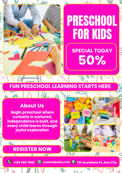 Pink Ceria Preschool Enrollment A4 Template | PosterMyWall