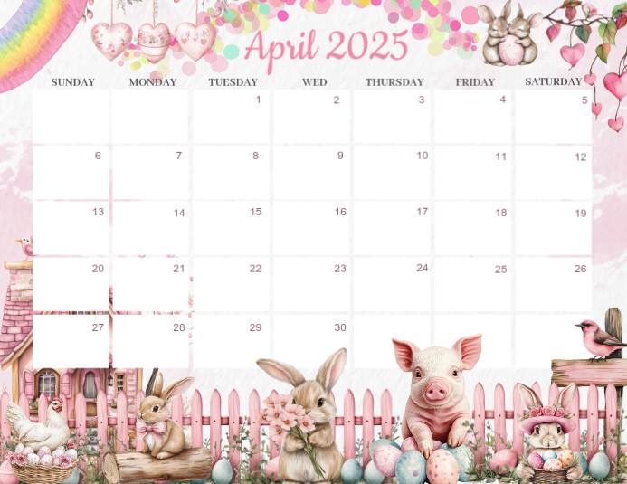 Copy of pink easter calendar 2025 , animal april calendar 2025 ...