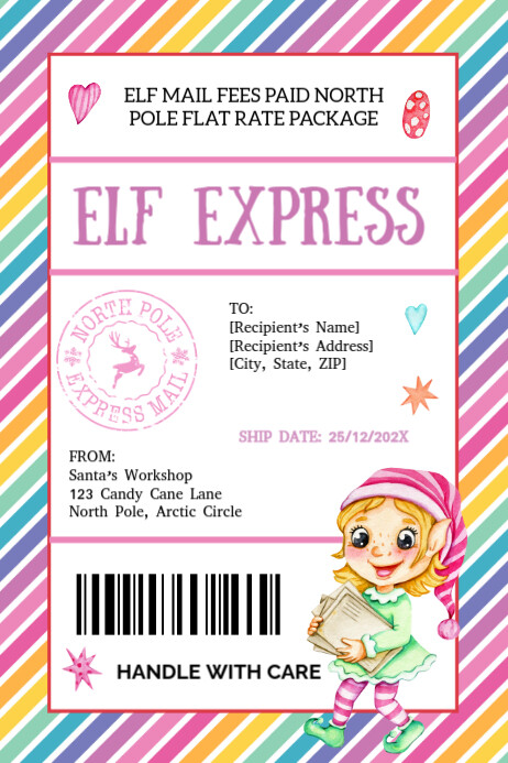 pink Elf Express Label, Elf Mail, North Pole Delivery Template, Elf Box ...