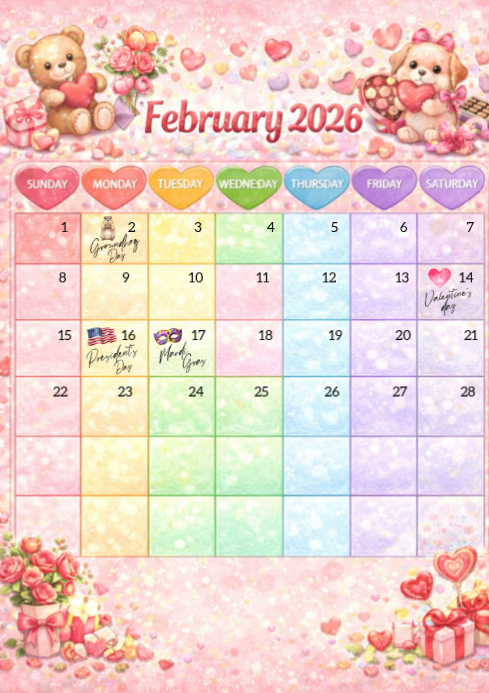 Pink February 2026 Calendar A4 Template | PosterMyWall
