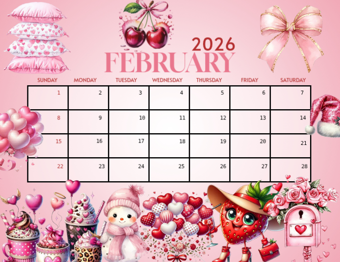 Pink February 2026 Calendar Flyer Template | PosterMyWall