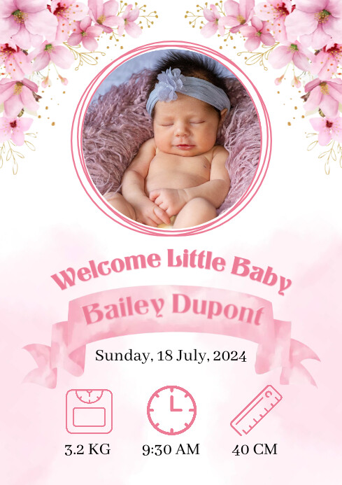 Pink Floral Baby Announcement A4 Template | PosterMyWall