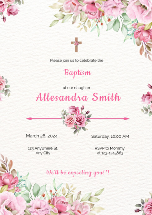 Pink Floral Baptism or Dedication Invitation Template | PosterMyWall