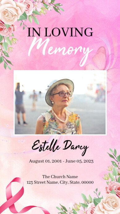 Pink Floral Breast Cancer Funeral Program Template | PosterMyWall