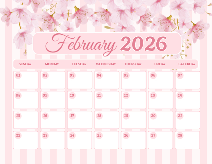 Pink Floral Calendar February 2026 Flyer (us Letter) Template ...