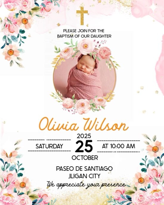 Pink Floral Christening Invitation Template | PosterMyWall