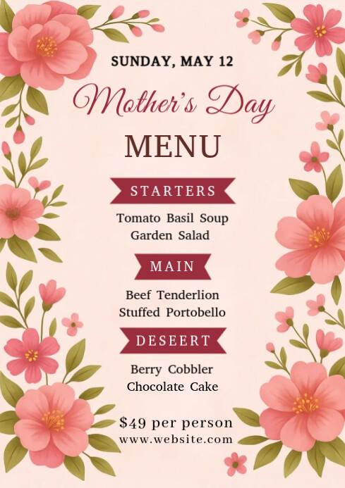 Pink Floral Elegant Floral Mother’s Day Menu Flyer Template A4 ...