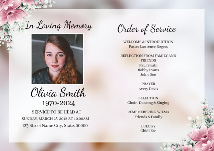 Pink Floral Funeral Program Template | PosterMyWall
