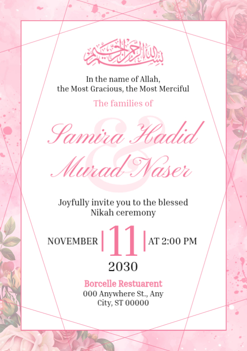 Plantilla de Pink Floral Islamic Wedding Invitation A5 | PosterMyWall