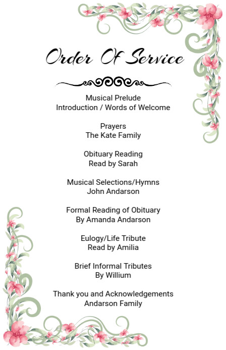 Copy of Pink Floral Order Of Service Half Page Wide | PosterMyWall