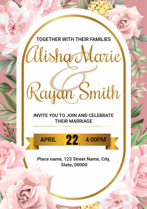pink Floral Wedding Invitation Template | PosterMyWall