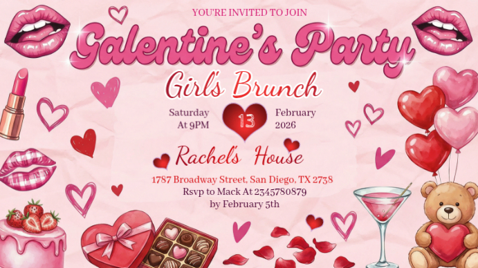 Pink Galentine's Day Brunch Digital Display Template | PosterMyWall