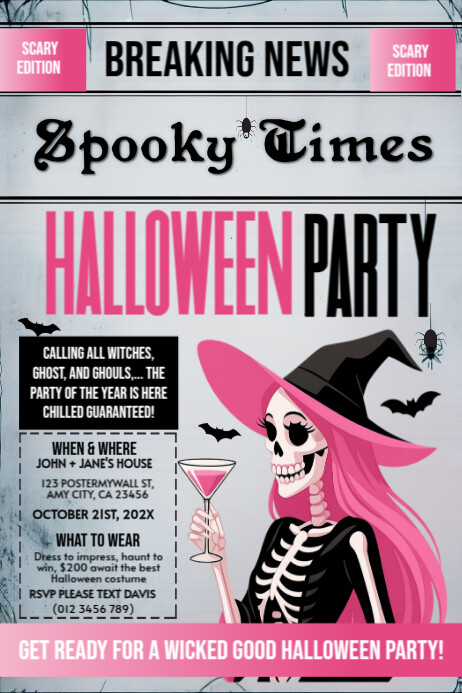 Pink Gothic Halloween Party Flyer – Editable Skeleton Costume ...