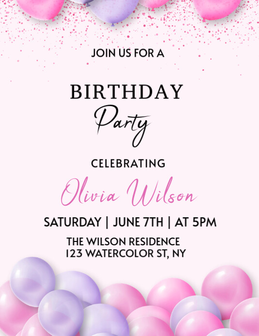 Pink Illustrative Birthday Party Invitation With Balloons Flyer (us ...