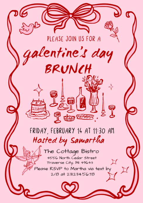 Pink Illustrative Galentine’s Day Brunch A4 Template | PosterMyWall