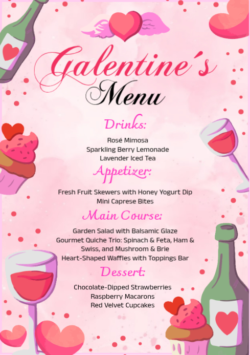 Pink Illustrative Galentines Day Menu A4 Template | PosterMyWall