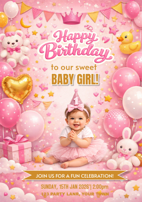 Pink Joyful Birthday For Kids Flyer A4 Template | PosterMyWall