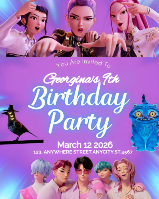 Plantilla de Pink Joyful K-pop Demon Hunters Birthday Party Invitation ...